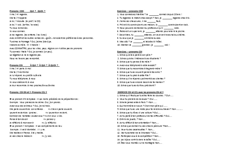 Exercices sur les pronoms COD et COI | PDF | Pronom | Grammaire