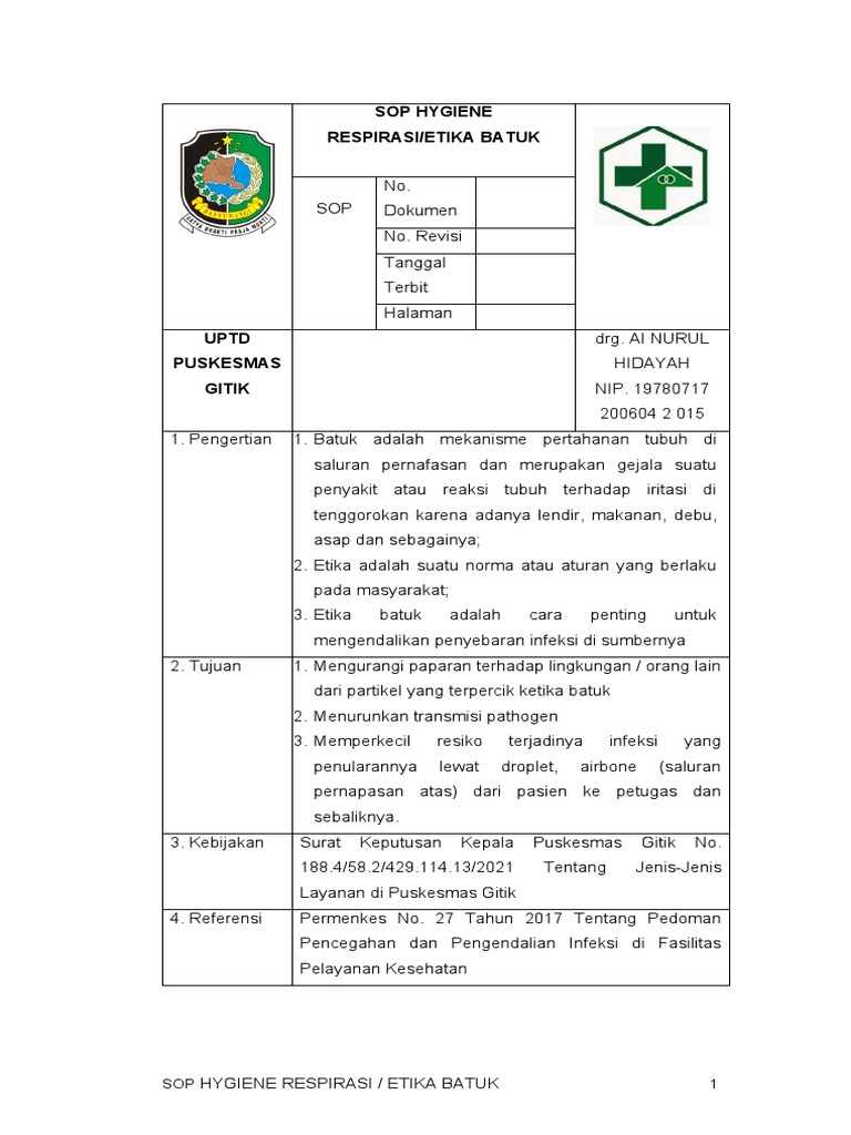 Sop Hygiene Respirasi Atau Etika Batuk | PDF