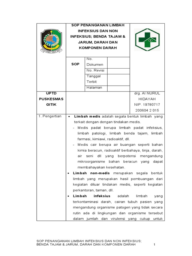 6. Sop Penanganan Limbah Infeksius Dan Non Infeksius; Benda Tajam & Jarum, Darah Dan Komponen ...