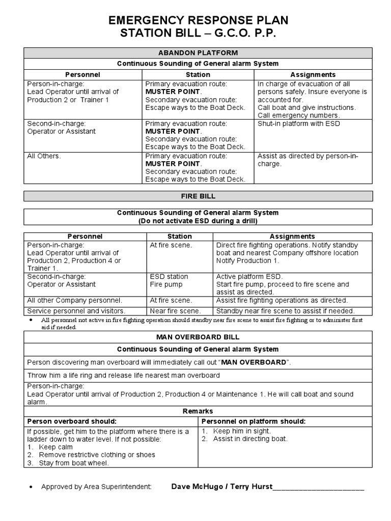 Emergency Response Plan Station Bill GCO | PDF | Emergency Evacuation | Occupational Safety And ...