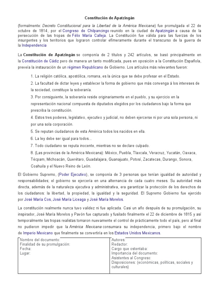 Constitución de Apatzingán 1814: Claves y Contexto | PDF | Gobernancia ...