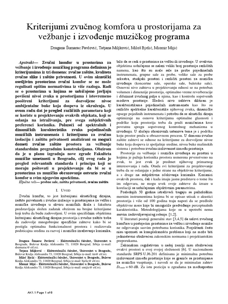 Kriterijumi Zvučnog Komfora U Prostorijama Za Vežbanje I Izvođenje ...
