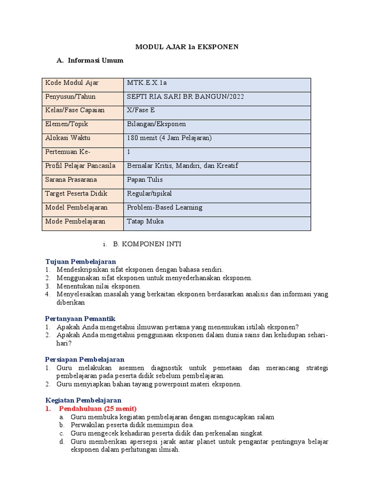Modul Ajar Eksponen Kelas X | PDF