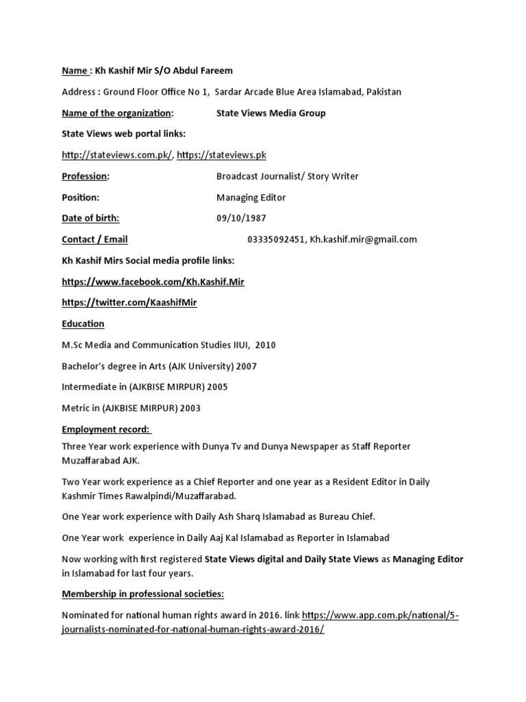 CV KH Kashif Mir | Download Free PDF | Mass Media | Human Communication