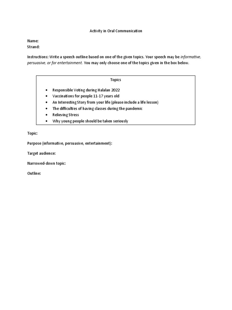 Activity in Oral Communication_Outlining 2 | PDF