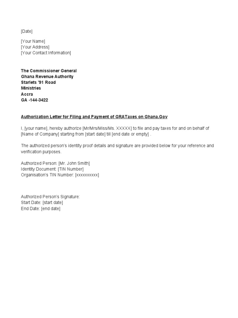 Authorization Letter For Filing and Payment of GRA Taxes On Ghana - Gov ...