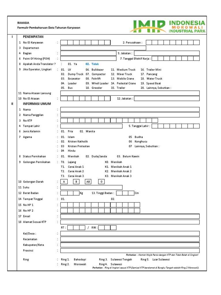 Form Data Karyawan - IMIP - Blank Exel | PDF