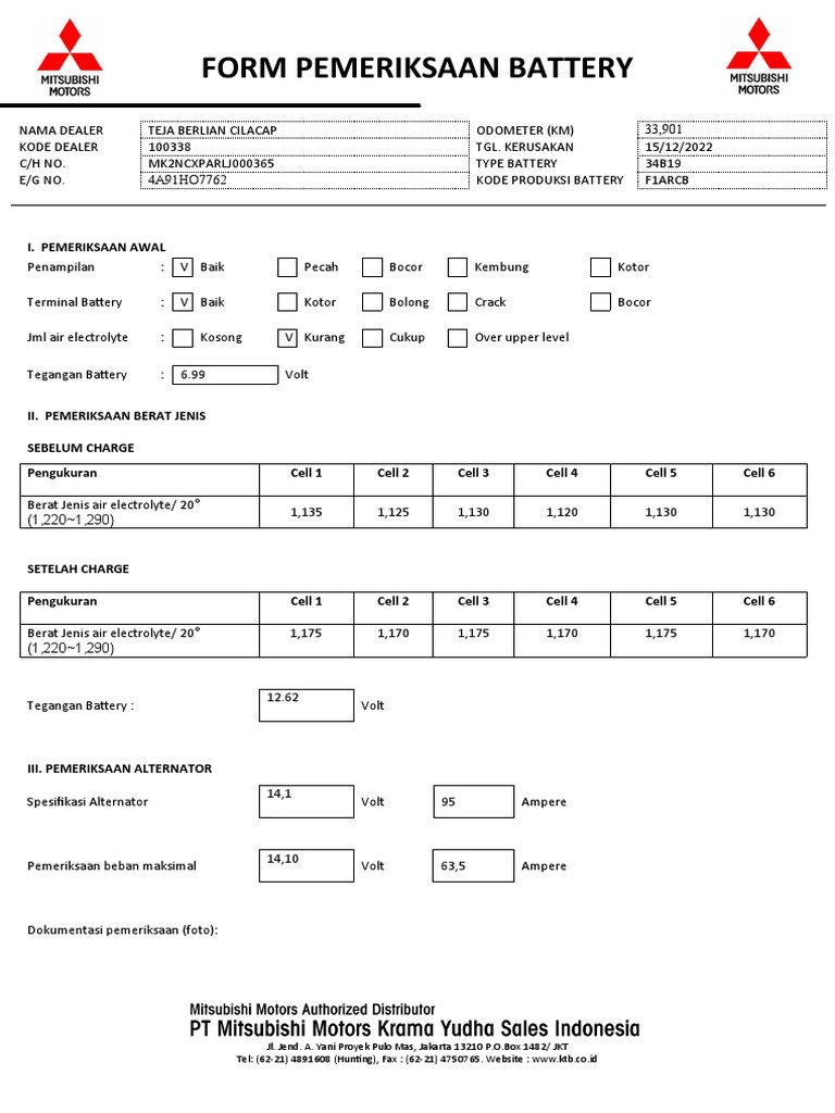 Form Pemeriksaan Battery | PDF