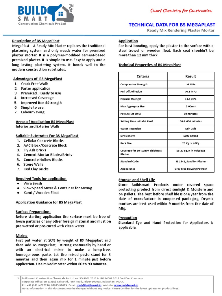Bs Megaplast a Ready Mix Plaster | PDF | Plaster | Concrete