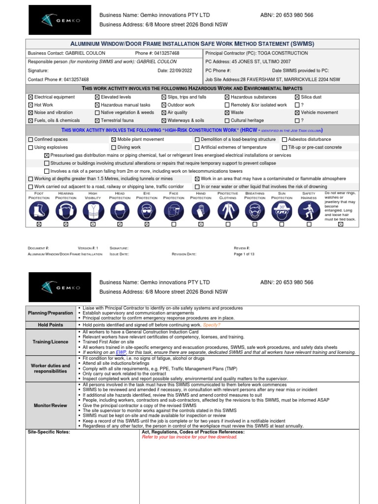 SWMS Gemko Innovation PTY LTD Wicks Park Project | PDF