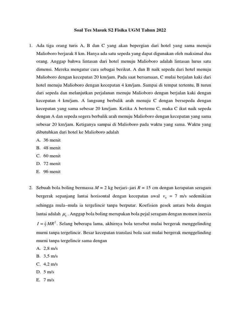 Soal Tes Masuk S2 Fisika UGM 2022 | PDF Soal Tes Masuk S2 Fisika UGM 2022 | PDF