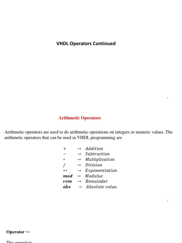 VHDL Arithmetic and Concatenation Operators | PDF | Discrete ...