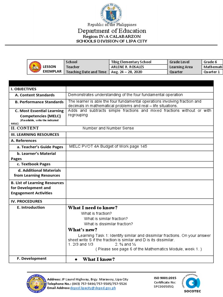Lesson Exemplar g6 Math Arr | PDF | Subtraction | Elementary Mathematics