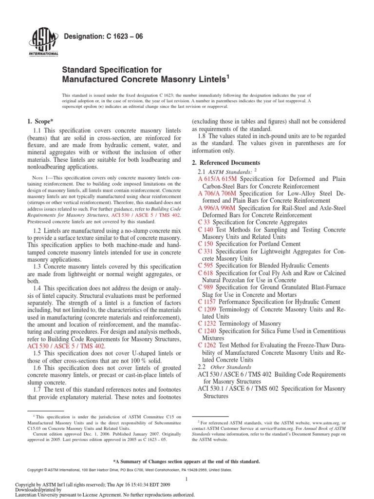 Manufactured Concrete Masonry Lintels: Standard Specification For | PDF ...