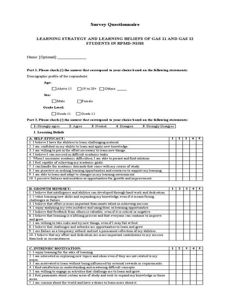 Survey Questionnaire | PDF | Learning | Motivational