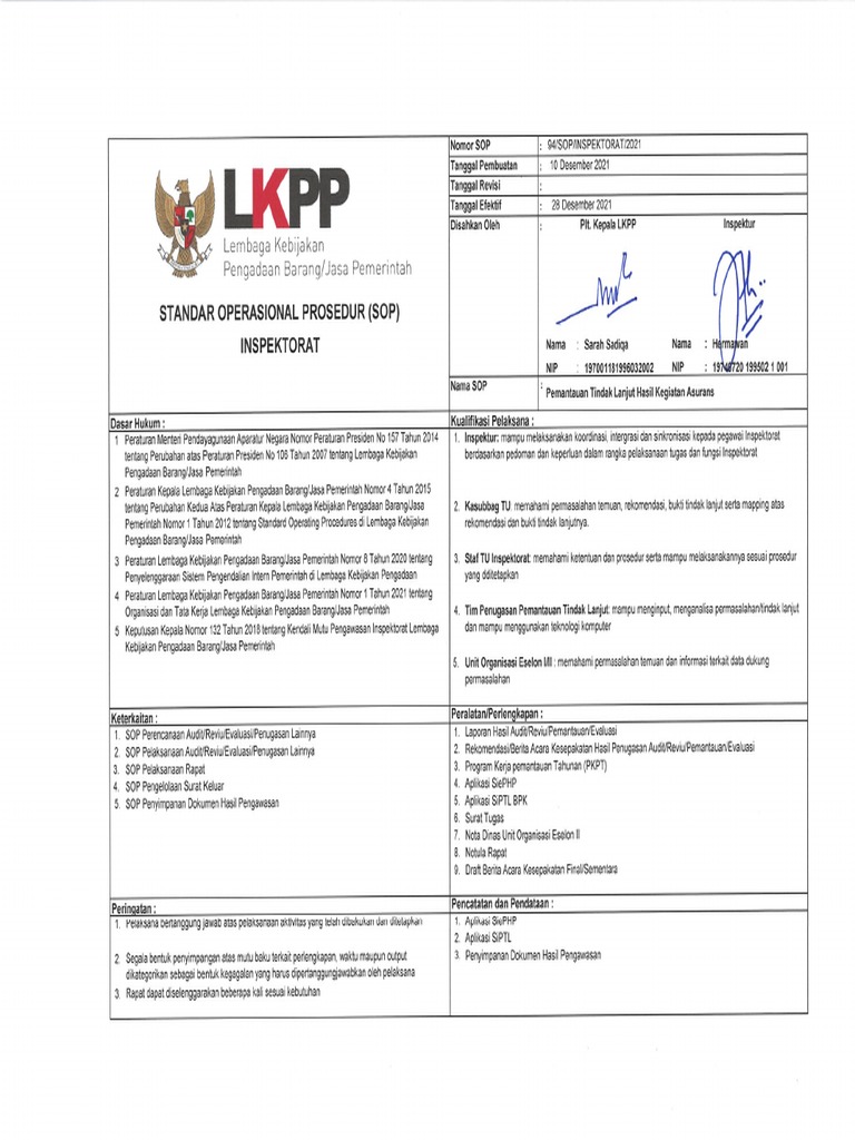 SOP Pemantauan TL Hasil Kegiatan Asurans | PDF