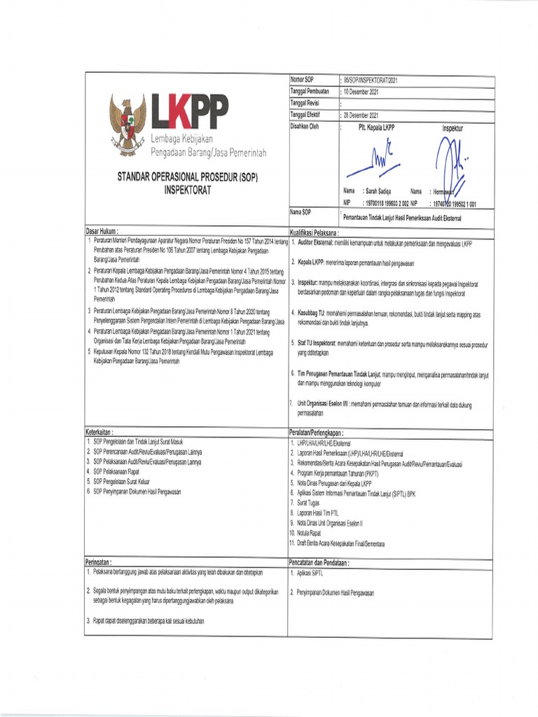 SOP TL Hasil Pemeriksaan Audit Eksternal | PDF