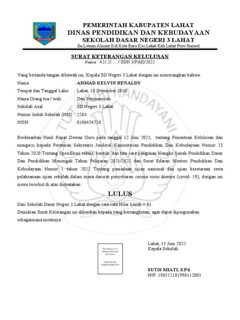 Surat Keterangan Lulus SD-2022 | PDF