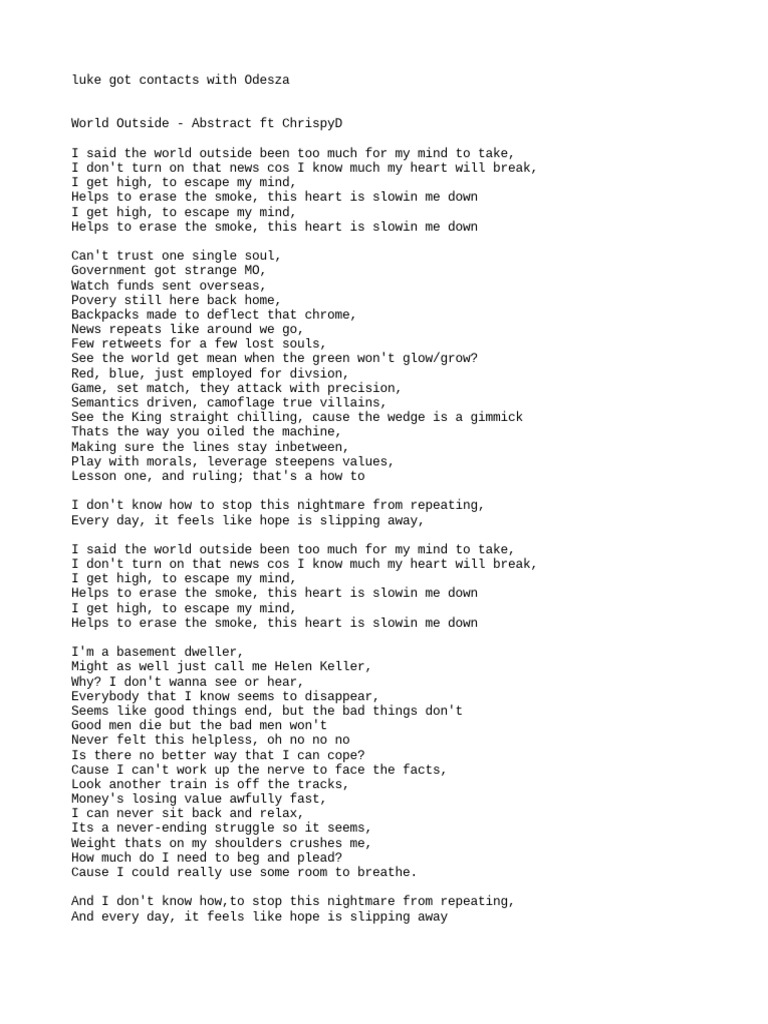 Odesza Collaboration: "World Outside" Lyrics | PDF