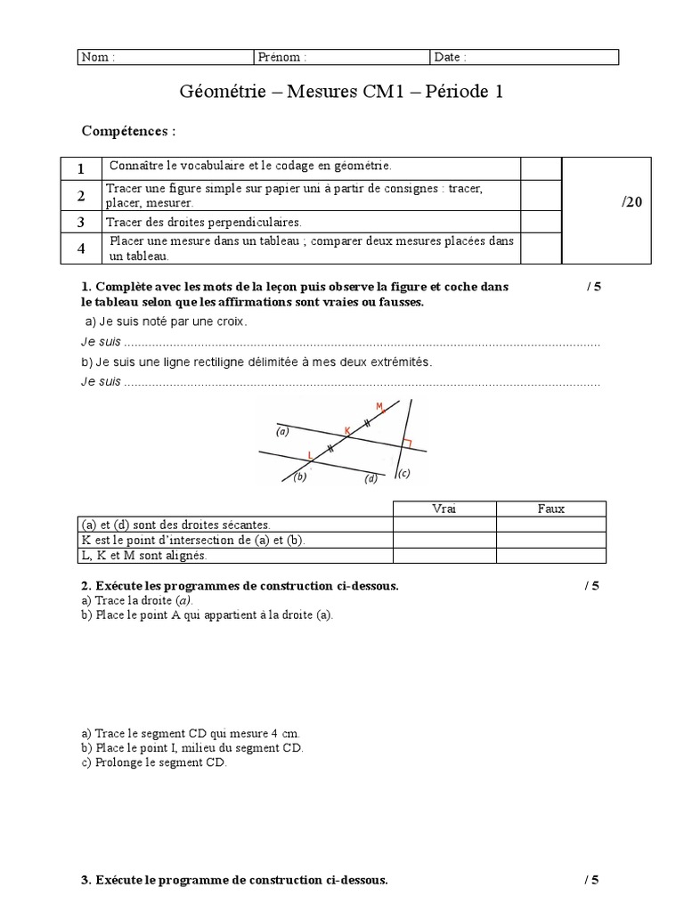 Evaluation CM1 - Géométrie Mesures P1 | PDF