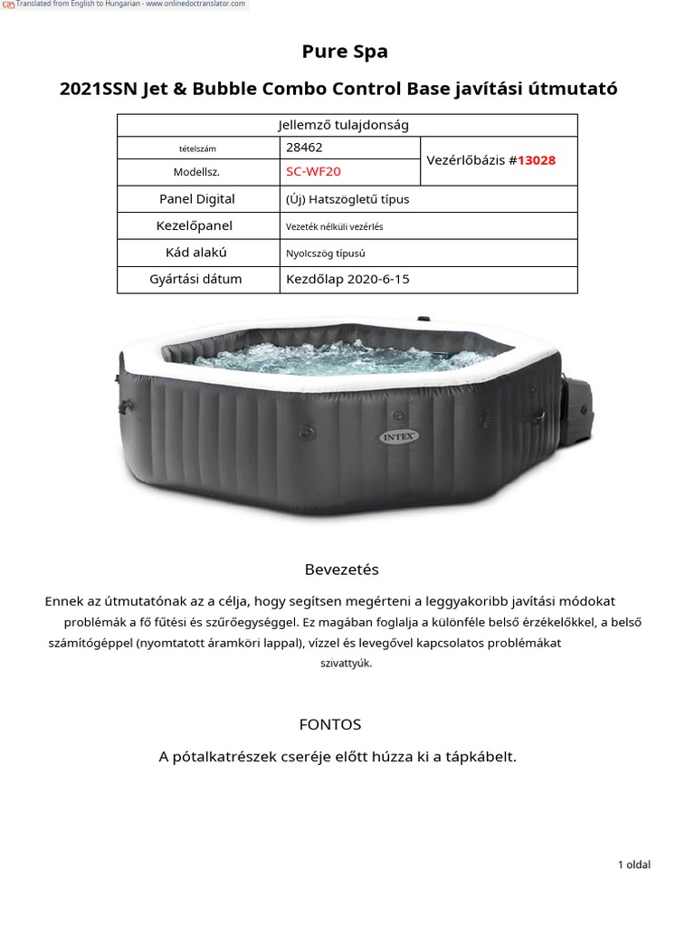 Intex Oktagon Sóbontós Jakuzi Szerviz Magyar | PDF