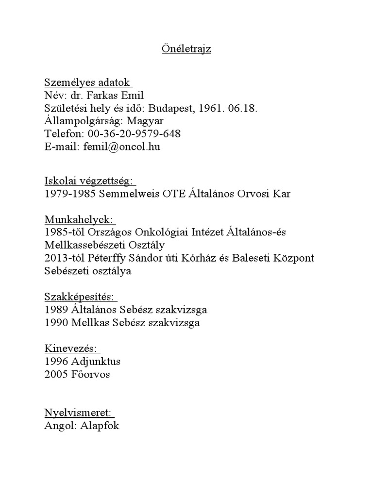 Dr. Farkas Emil Önéletrajz 2 | PDF
