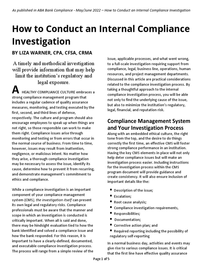 How To Conduct An Internal Compliance Investigation | PDF | Regulatory ...
