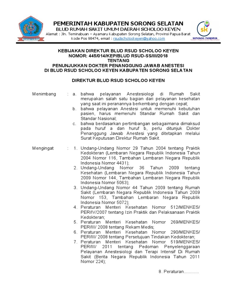 Penunjukan Dokter Anestesi RSUD Scholoo Keyen | PDF