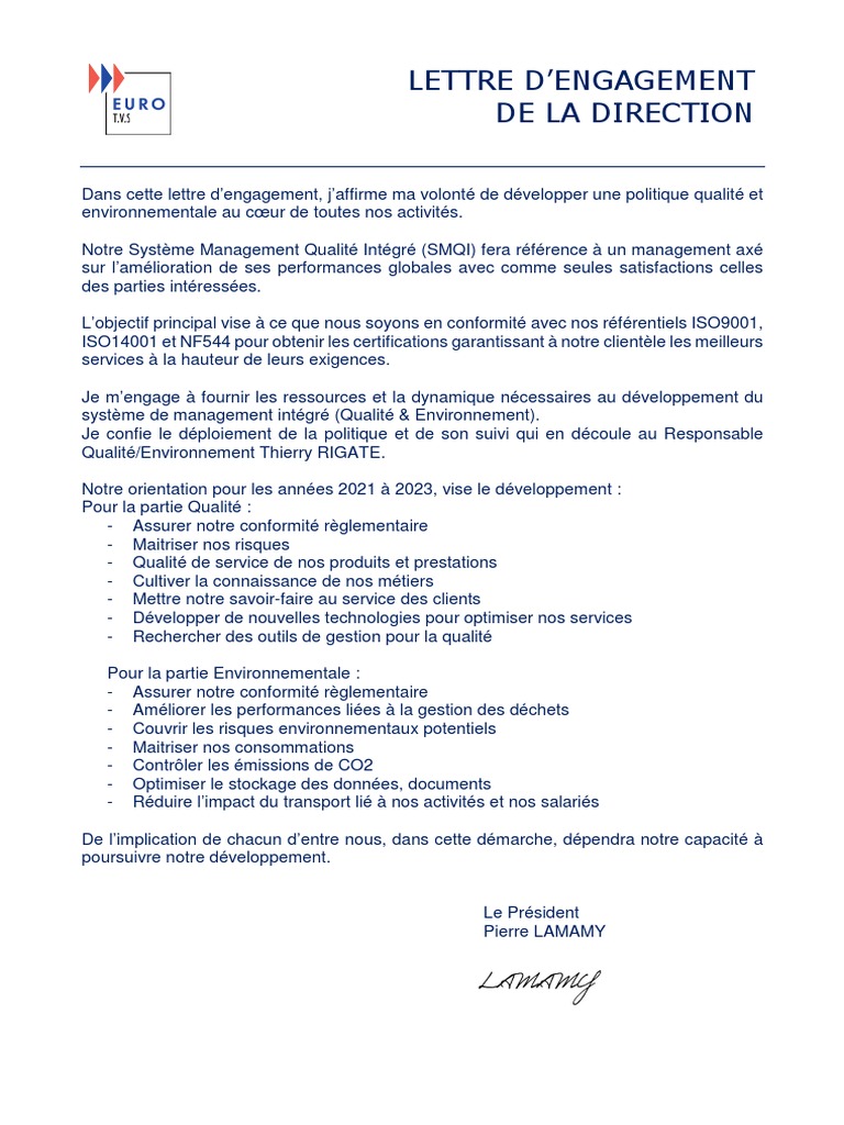 Lettre Engagement Direction 2021-2023 | PDF | Évolution de carrière | Affaires
