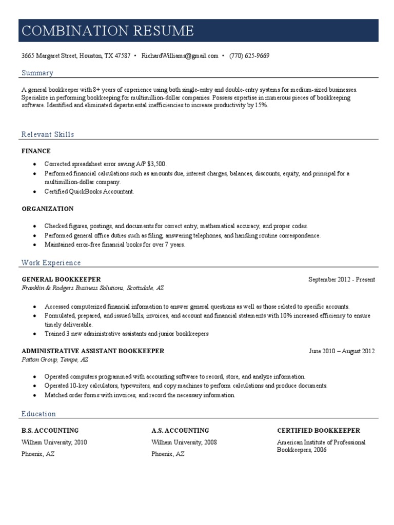 Combination Resume Example | PDF | Bookkeeping | Accounting