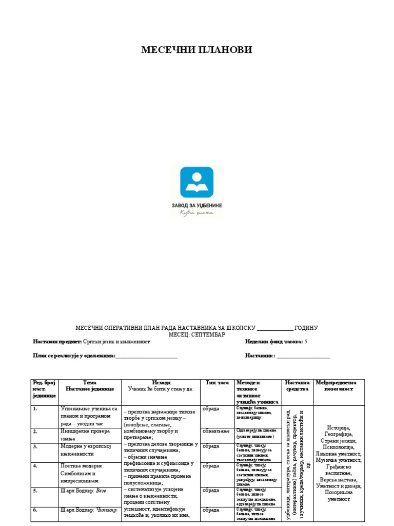 Srpski Jezik3 Mesecni Operativni Planovi Gimnazija | PDF