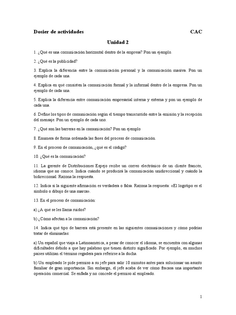 Dosier Actividades Unidad 2 CAC | PDF | Comunicación | Business