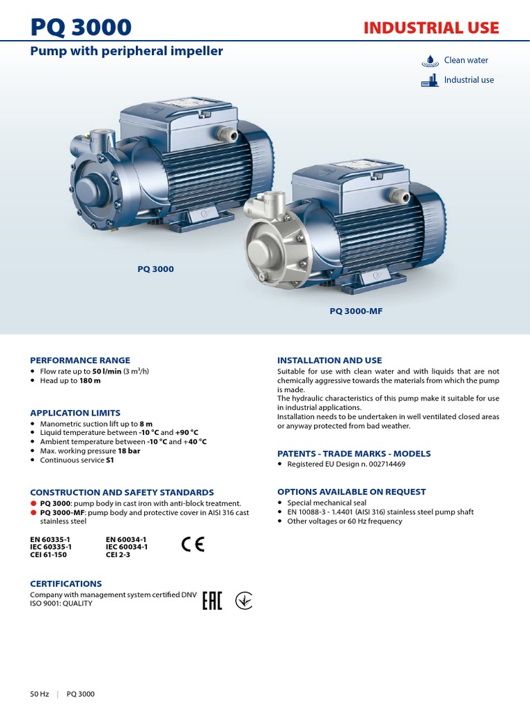 PQ 3000 - EN - 50Hz | PDF | Pump | Mechanical Engineering