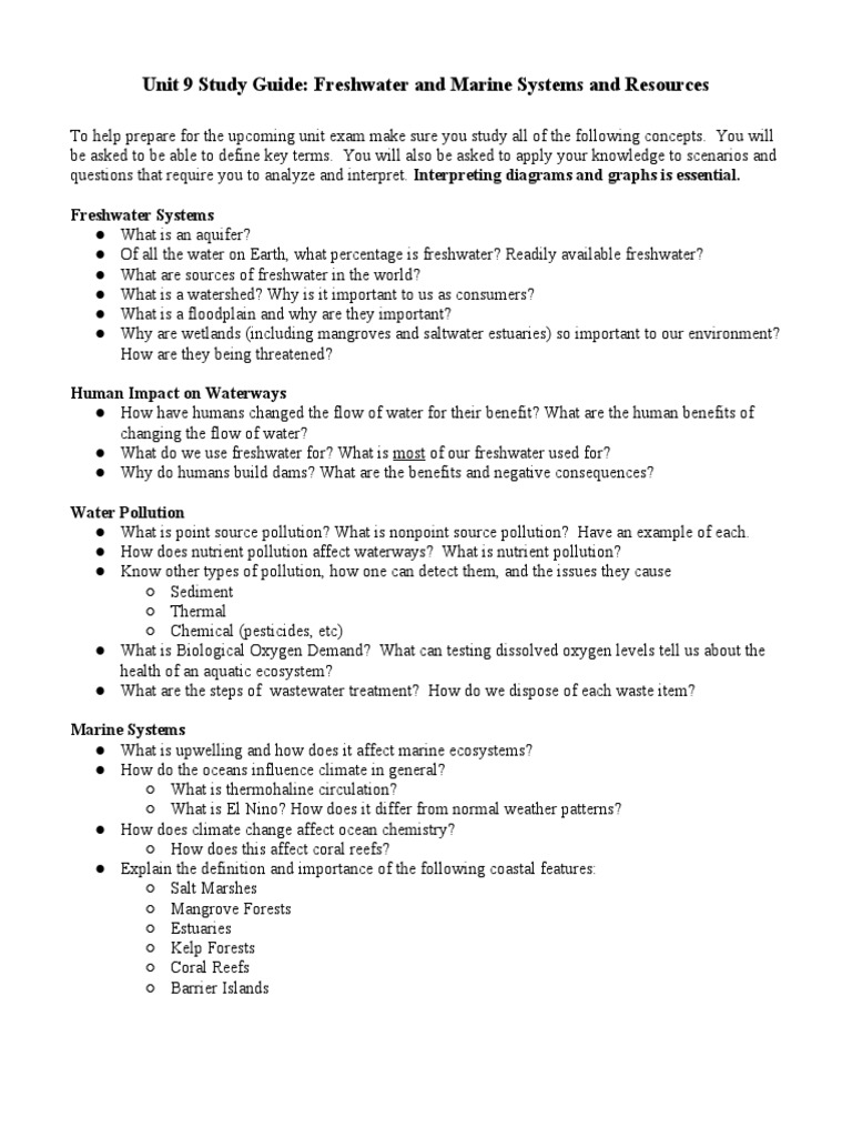 Unit 9 Study Guide - Freshwater and Marine Resources | PDF ...