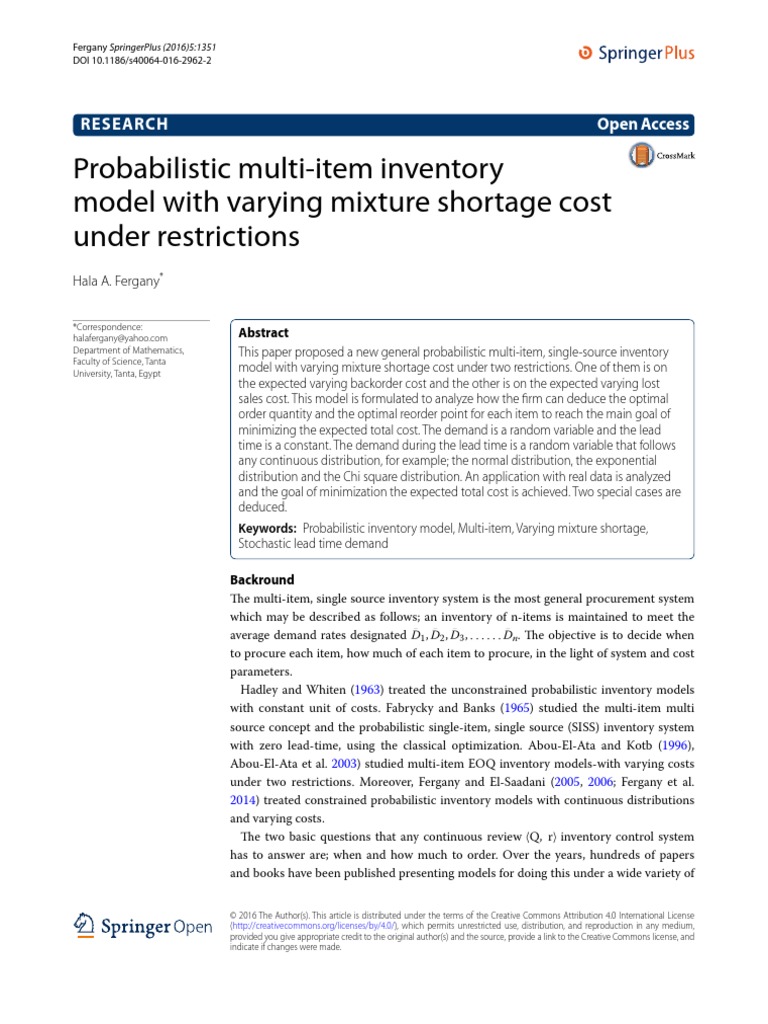 Probabilistic Multi Item Inventory Model With Varying Mixture Shortage Cost Under Restrictions ...