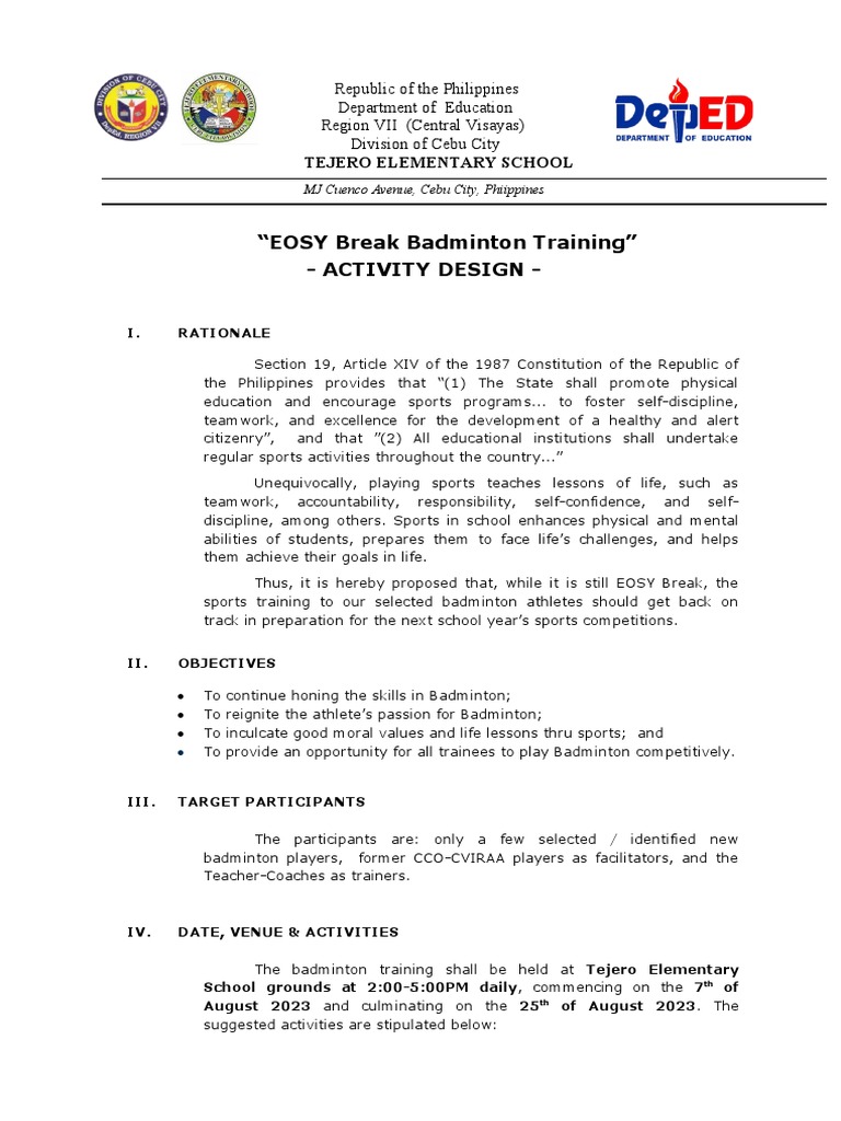 EOSY Badminton Training Program | PDF | Disciplines | Learning