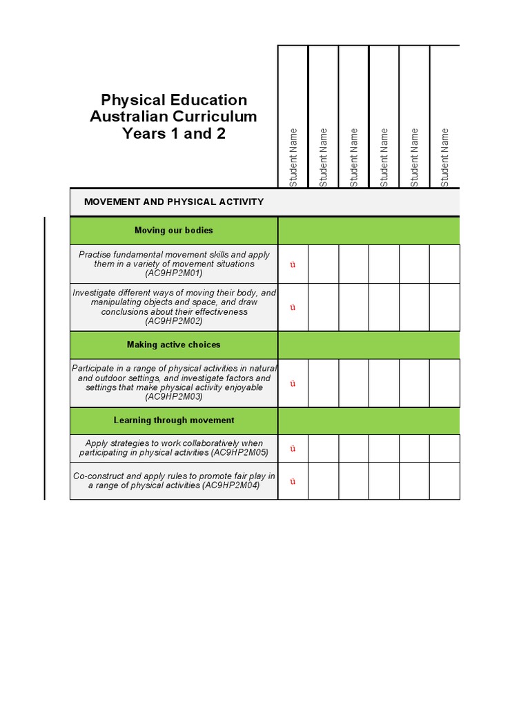 Au Pe 2548565 Physical Education Assessment Tracker Year Band 1 2 Ver 4 ...