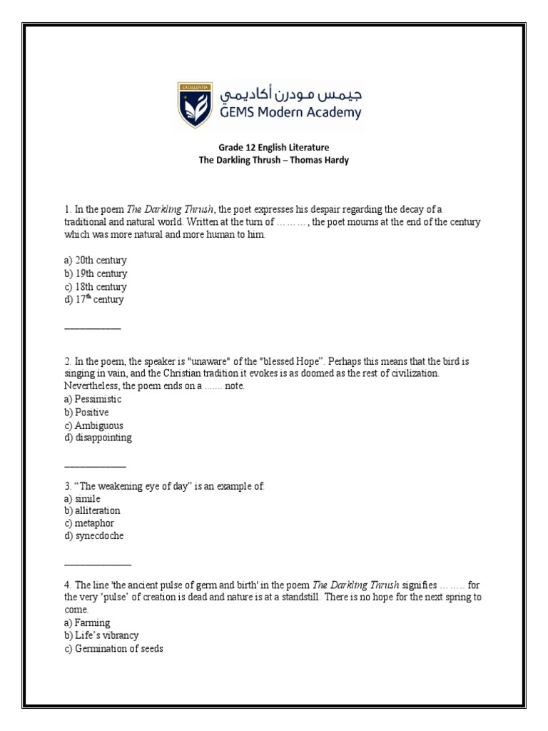 Grade 12 Lit The Darkling Thrush Mock Paper | PDF | Poetry