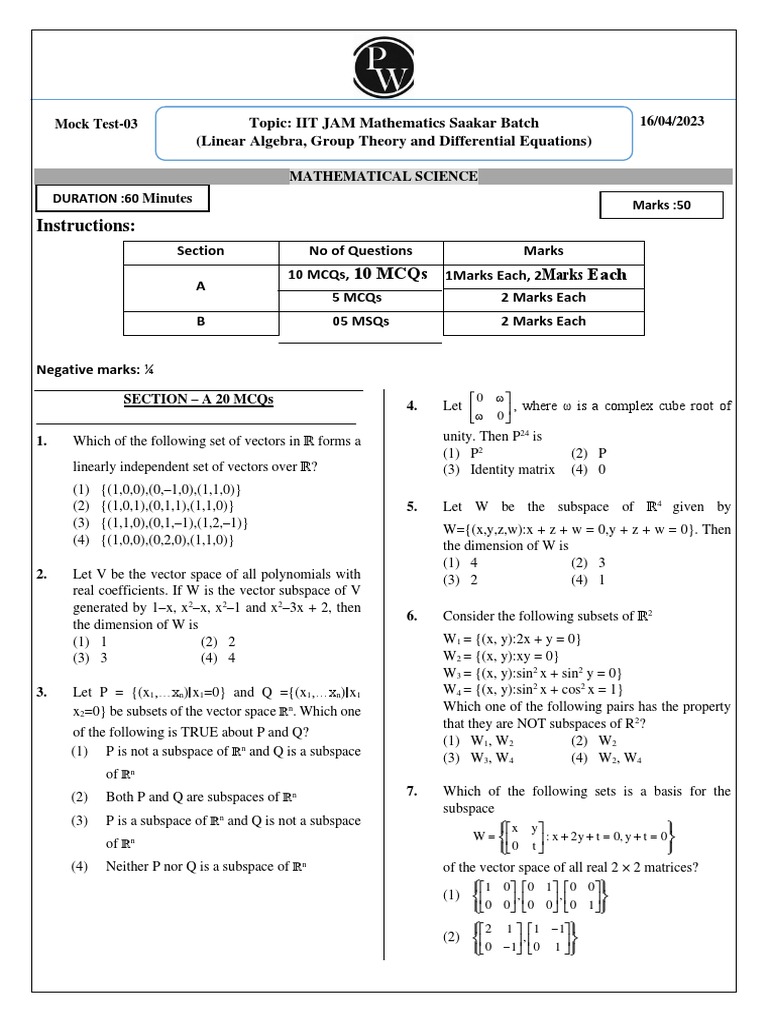 Practice Test 03 - Test Paper - Saakaar Batch For IIT JAM Mathematics ...