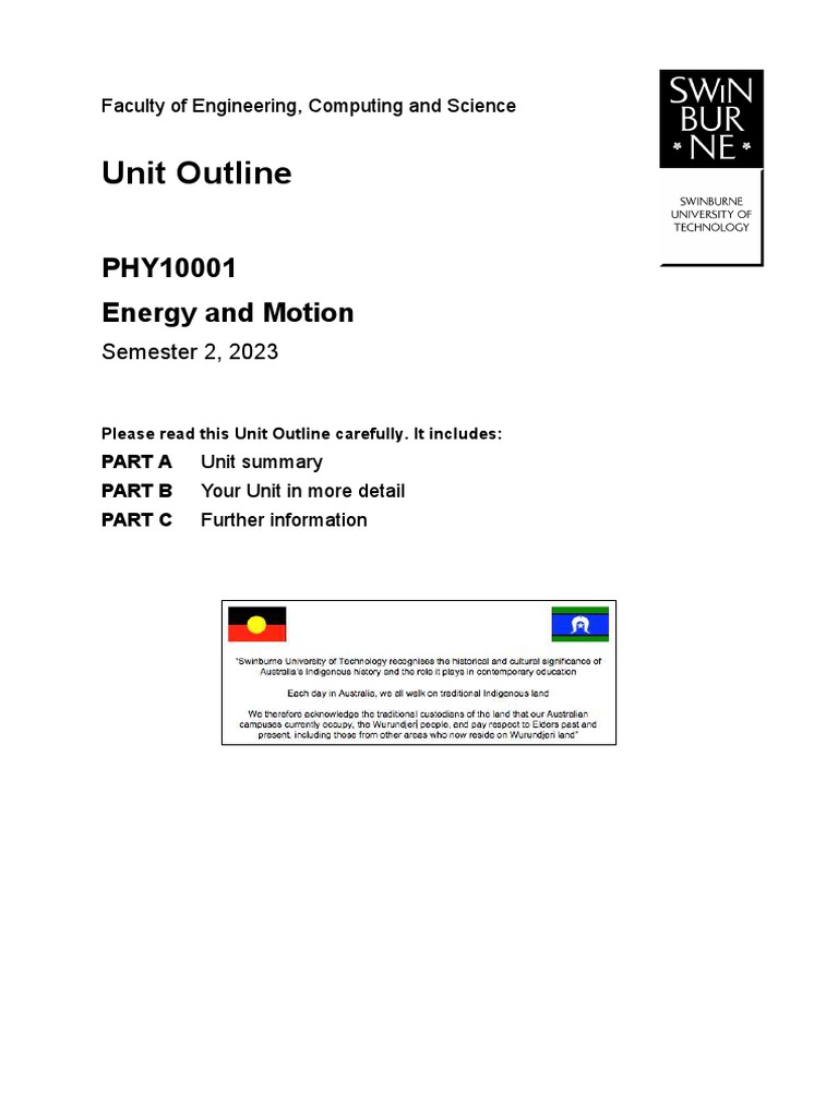 PHY10001 - Energy and Motion - Unit Outline - Sem 2 2023.-1 | PDF ...