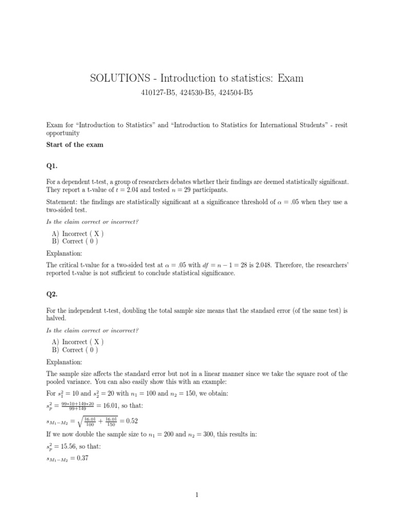 Statistics Exam Solutions | PDF | P Value | Standard Deviation