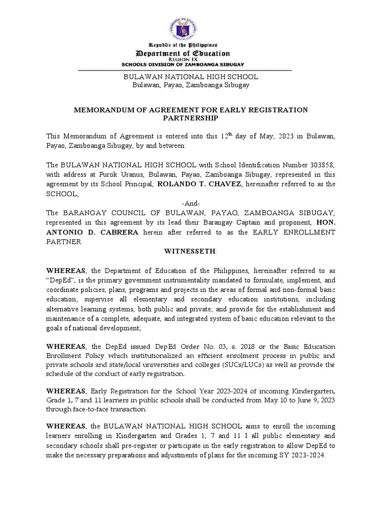 Early Registration Memo of Agreement | PDF | Damages