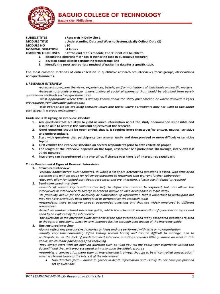 SHS - Research in Daily Life 1 - 10 - G11 | PDF | Focus Group | Interview