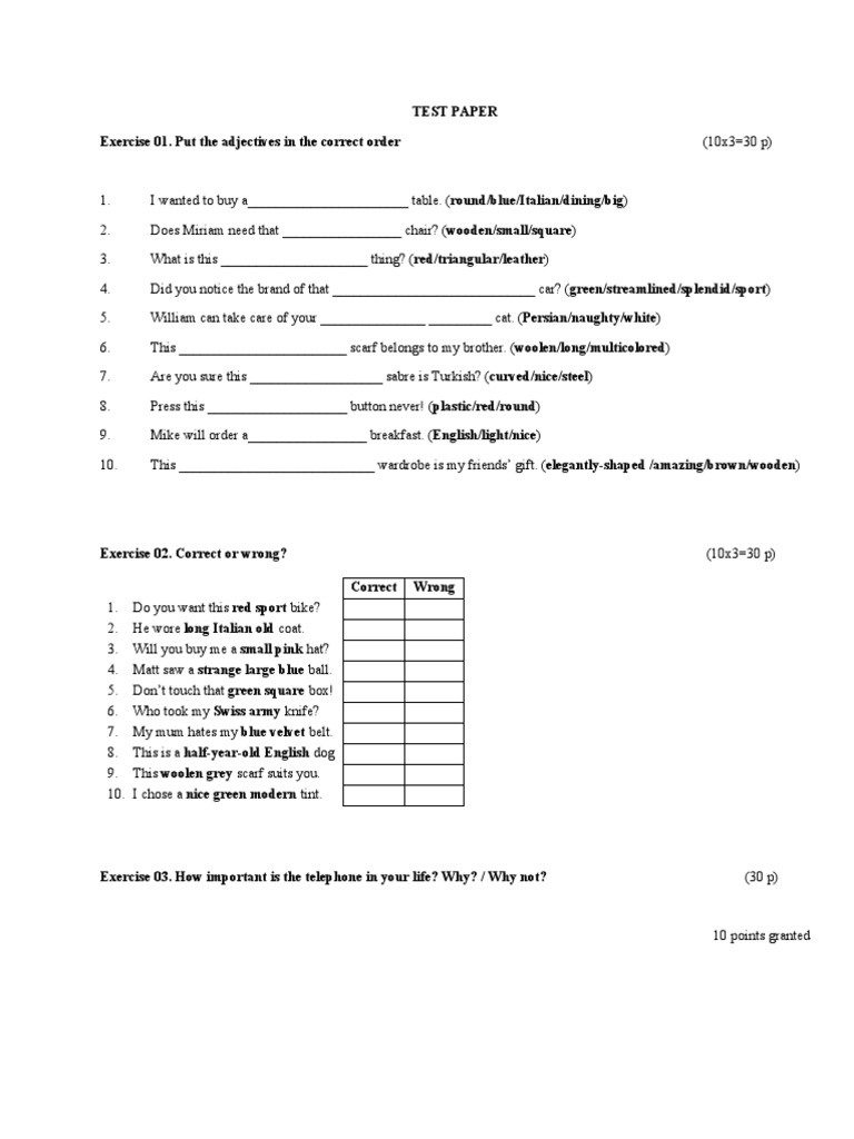 English Adjective Order Practice | PDF | Teaching Methods & Materials