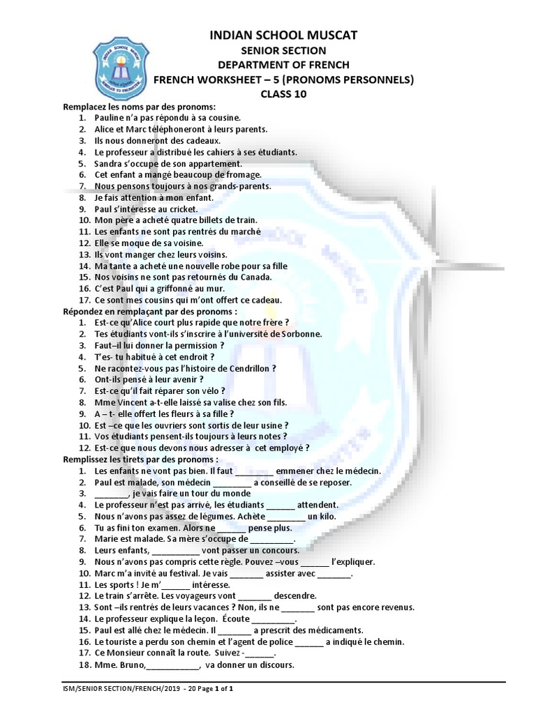 Class - X - French - Le Pronom Personnel - Worksheet - 5 - 2019-20 | PDF