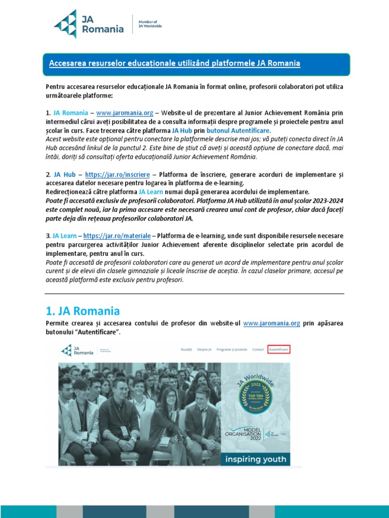 Jaromania Instructiuni Utilizare Platforme Inscriere Acces Materiale | PDF