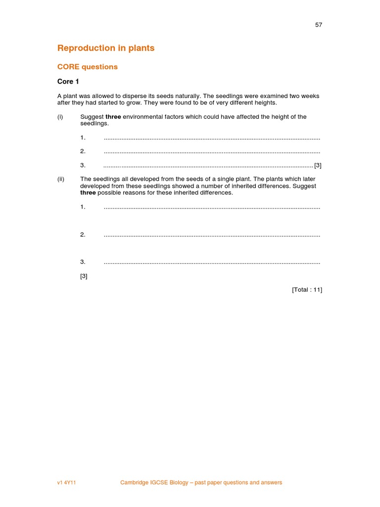 Reproduction in Plants CIE iGCSE 0610 PPQ | Download Free PDF ...