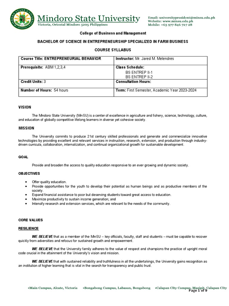 EC101 Entrepreneurial Behavior Syllabus 2023 2024 | PDF