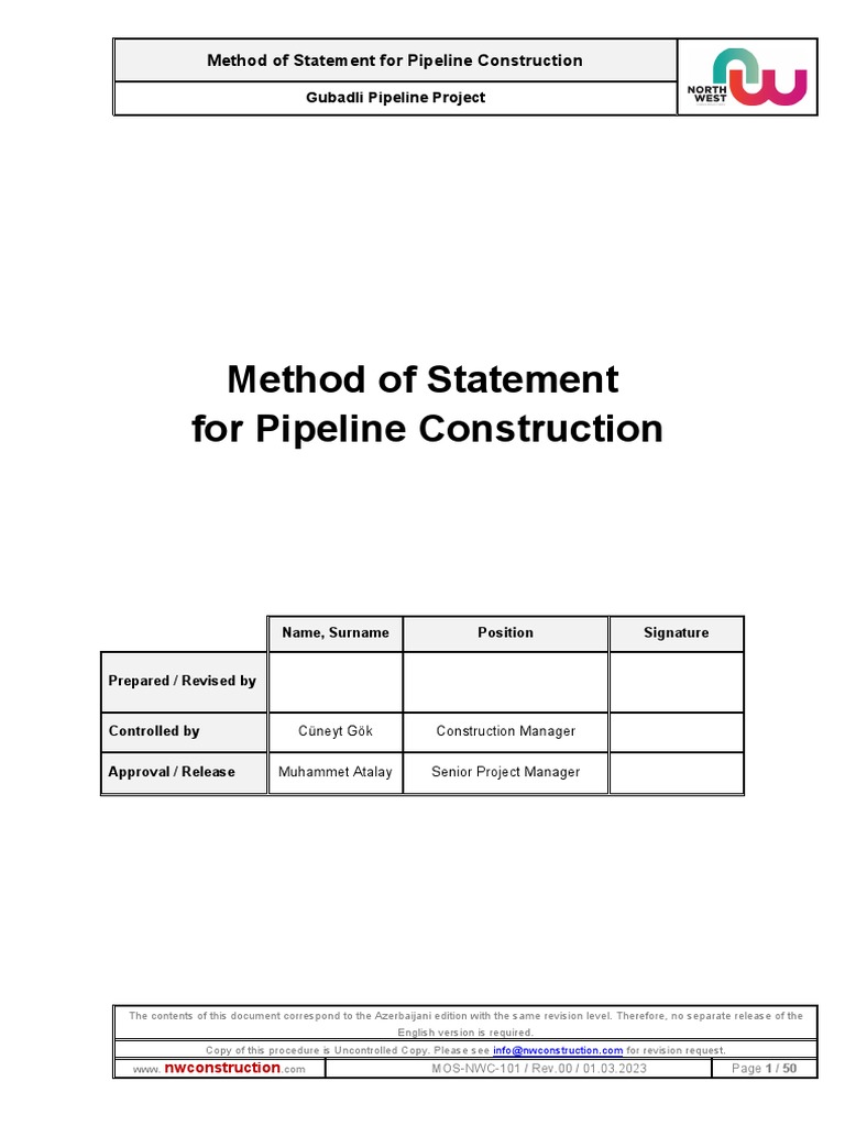 MOS-NWC-101 Method of Statement For Pipeline Construction | Download Free PDF | Nondestructive ...