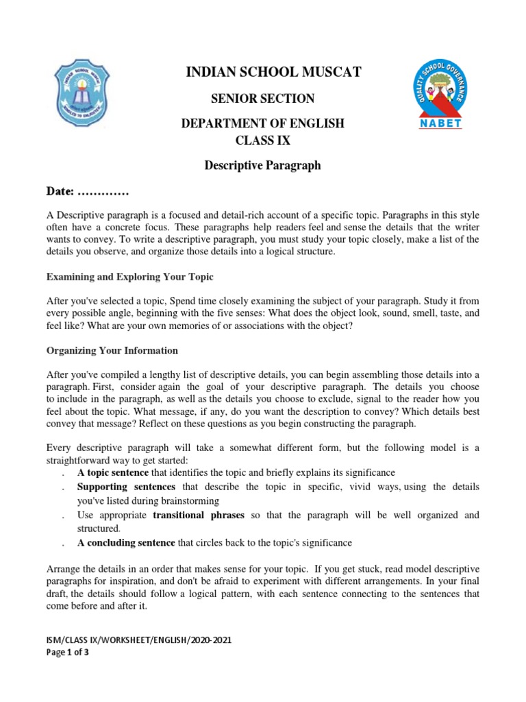 Class - Ix - English - Descriptive Paragrapgh Writing-2020-2021 | PDF
